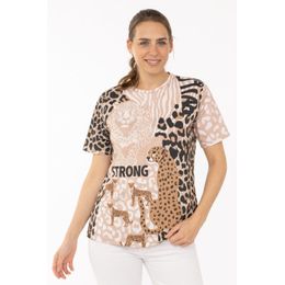 T-Shirt Zwillingsherz "Strong", Damen, Gr. XL, beige, Web, Obermaterial: 95% Baumwolle, 5% Elasthan, Shirts T-Shirt, Mustermix mit Leopard, Rundhals, kurzarm