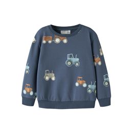 Sweatshirt name it "NMMFOTRACTOR LS NREG SWEAT BRU", M&auml;dchen, Gr. 122/128, vintage indigo, angeraute Sweatware, Obermaterial: 95% Baumwolle, 5% Elasthan, bedruckt, normal normal, Rundhals, Rippb&uuml;ndchen, Sweatshirts Sweatshirt