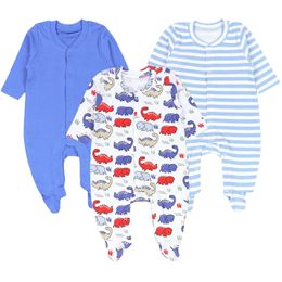Strampler TUPTAM "Schlafstrampler Baby Jungen Schlafstrampler mit Fu&szlig; 3er Pack", Jungen, Gr. 50, N-Gr, blau (blau grau streifen dino), Obermaterial: 100% Baumwolle CO., Overalls