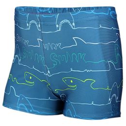 Badehose AQUARTI "Badehose Jungen Badehose Gestreift mit Motiven", Kinder, Gr. 122, N-Gr, blau (haie, jeans), Obermaterial: 80% Polyester PES. 20% Elasthan EL., Badehosen Badehose