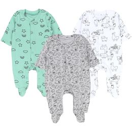 Strampler TUPTAM "Schlafstrampler Baby Jungen Schlafstrampler mit Fu&szlig; 3er Pack", Jungen, Gr. 56, N-Gr, gr&uuml;n (salbeigr&uuml;n wei&szlig; tiere sterne regenbogen), Obermaterial: 100% Baumwolle CO., Overalls