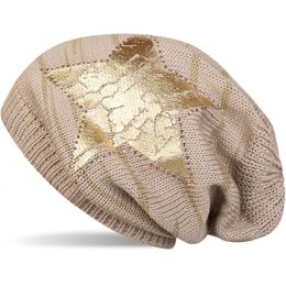 Strickm&uuml;tze styleBREAKER "Feinstrick Beanie mit Stern und Strass", Damen, beige (beige, gold), Obermaterial: 100% Viskose CV., Modisch, M&uuml;tzen Strickm&uuml;tze