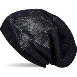Strickm&uuml;tze styleBREAKER "Feinstrick Beanie mit Stern und Strass", Damen, blau (midnight, blau, anthrazit), Obermaterial: 100% Viskose CV., Modisch, M&uuml;tzen Strickm&uuml;tze