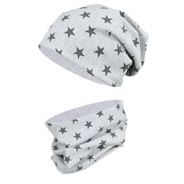 Beanie TUPTAM "M&uuml;tze Unisex Kinder Beanie M&uuml;tze Schlauchschal Set", Jungen, Gr. 50, grau (sterne graphit, grau meliert), Obermaterial: 95% Baumwolle CO. 5% Elasthan EL., M&uuml;tzen Beanie