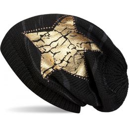Strickm&uuml;tze styleBREAKER "Feinstrick Beanie mit Stern und Strass", Damen, schwarz (schwarz, gold), Obermaterial: 100% Viskose CV., Modisch, M&uuml;tzen Strickm&uuml;tze