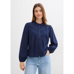 bonprix Bluse aus bestickter Baumwolle, blau, Gr.46, Mit Knopfleiste und langen &Auml;rmeln, 100% Baumwolle