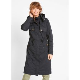 bonprix Langer Trenchcoat mit Kapuze tailliert leicht wattiert, schwarz, Gr.48, Klassischer &Uuml;bergangsmantel mit abnehmbarer Kapuze, 55% Baumwolle