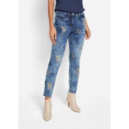 bonprix Slim-Fit-Jeans mit floraler Stickerei, blau, Gr.42, Schmal geschnittene Jeans mit Blumenstickerei, 76% Baumwolle
