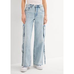 bonprix Cargo Jeans Mid Waist Low Stretch Full Length, blau, Gr.40, Wide-Leg-Jeans Mid Waist mit Cargo Details, 100% Baumwolle