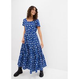 bonprix Kleid mit kurzen &Auml;rmeln, blau, Gr.46, Langes Sommerkleid mit Allover-Muster, aus 100% Baumwolle