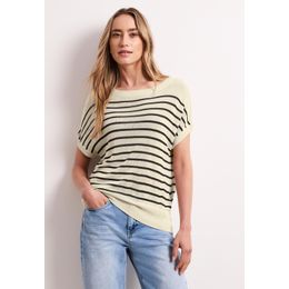 Kurzarmpullover Street One, Damen, Gr. 46, soft beige, Stoff, 100% Viskose, gestreift, normal normal, Rundhals, Rippb&uuml;ndchen, Pullover, mit U-Boot-Ausschnitt