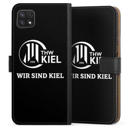 DeinDesign Galaxy A22 5G Handy Klapph&uuml;lle Handyh&uuml;lle aus Kunst Leder schwarz Flip Case Thw Kiel Handball Merchandise Sideflip mit langer Lasche