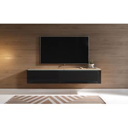 Lowboard Home Affaire "LOWBOARD D, wahlweise mit oder ohne Beleuchtung", schwarz (votan eichefarben, schwarz hochglanz), B:140cm H:30cm T:33cm, Sideboards, Lowboard, modernes TV-Board ohne Griffe, mit viel Stauraum,stehend und h&auml;ngend