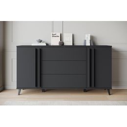 Sideboard Home Affaire "Helsinki, Kommode mit 2 T&uuml;ren und 3 Schubladen, Breite 150 cm", schwarz (graphite schwarz matt), B:150cm H:77,8cm T:39,5cm, Holzwerkstoff, Sideboards, Sideboard, Push-to-Open-Schubladen, h&ouml;henverstellbare Einlegeb&ouml;den