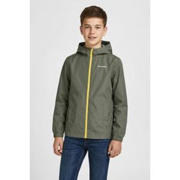 Jack & Jones Regenjacke JACK & JONES JUNIOR "JJEFLYNN RAIN JACKET SN JNR", Jungen, Gr. 128, dusty olive detail:solar power, Web, Obermaterial: 100% Polyester, unifarben mit Farbeinsatz, regular fit normal, elastischer Bund, Jacken Regenjacke