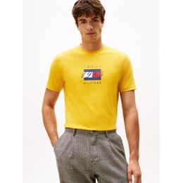 T-Shirt Tommy Hilfiger "LINEAR FLAG GRAPHIC", Herren, Gr. S, gelb (countryside gelb), Single Jersey, Obermaterial: 100% Baumwolle, regular fit, Rundhals, Shirts T-Shirt, Rundhals, regular fit, Jersey