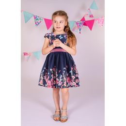 Sommerkleid happy girls, M&auml;dchen, Gr. 110, N-Gr, blau (navy), Web, Obermaterial: 95% Baumwolle, 5% Elasthan. Futter: 100% Baumwolle, bedruckt, gebl&uuml;mt, regular fit knielang, Rundhals, Fl&uuml;gel&auml;rmel, Kleider Sommerkleid