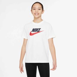 T-Shirt Nike Sportswear "K NSW TEE FUTURA HBR", Jungen, Gr. S (128/134), wei&szlig;, obsidian, university rot, angeraute Sweatware, Obermaterial: 100% Baumwolle, normal, Rundhals, angesetztes B&uuml;ndchen, Shirts T-Shirt, f&uuml;r Jugendliche, sportlicher Stil, Kurzarm, Rundhalsausschnitt