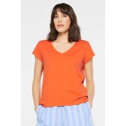 V-Shirt SENSES.THE LABEL, Damen, Gr. L, iconic orange, Single Jersey, Material: 100% Baumwolle, Strukturmuster, regular fit kurz, V-Ausschnitt, eingesetzt gerader Abschluss, Shirts, aus Baumwolle