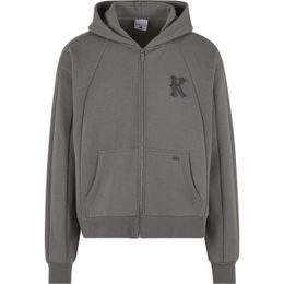 Sweatjacke Karl Kani "Karl Kani KK Boxy Full Zip Hoodie", Damen, Gr. L, grau, 65% Baumwolle, 35% Polyester, Sweatjacken Sweatjacke