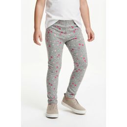 Sweatleggings happy girls, M&auml;dchen, Gr. 140, N-Gr, grau (grau melange), angeraute Sweatware, Obermaterial: 60% Polyester, 35% Baumwolle, 5% Elasthan, bedruckt, skinny fit kn&ouml;chellang, Hosen, im tollen Sternen-Herzen-Alloverprint