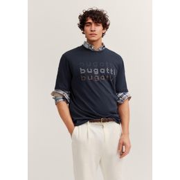 T-Shirt Bugatti, Damen, Gr. L, 390, marine, 100% Baumwolle, unifarben, normal, Rundhals, Shirts T-Shirt, mit einem Bugatti-Print