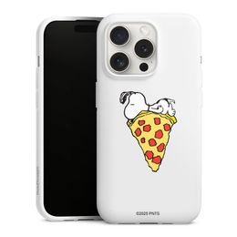 DeinDesign iPhone 15 Pro Handy Silikon H&uuml;lle Case wei&szlig; Handyh&uuml;lle Peanuts Pizza Snoopy Silikon Case