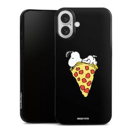 DeinDesign iPhone 16 Plus Handy Slim Case extra d&uuml;nn Silikon Handyh&uuml;lle schwarz H&uuml;lle Peanuts Pizza Snoopy Silikon Slim Case