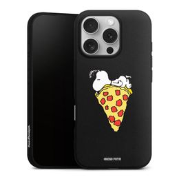 DeinDesign iPhone 16 Pro Handy Premium Silikon H&uuml;lle Handyh&uuml;lle schwarz Case Peanuts Pizza Snoopy Silikon Premium Case