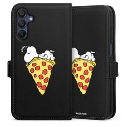 DeinDesign Galaxy A15 Handy Klapph&uuml;lle Handyh&uuml;lle aus Kunst Leder schwarz Flip Case Peanuts Pizza Snoopy Sideflip mit Lasche