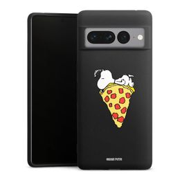 DeinDesign Google Pixel 7 Pro Handy Premium Silikon H&uuml;lle Handyh&uuml;lle schwarz Case Peanuts Pizza Snoopy Silikon Premium Case