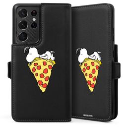 DeinDesign Galaxy S21 Ultra 5G Handy Klapph&uuml;lle Handyh&uuml;lle aus Kunst Leder schwarz Flip Case Peanuts Pizza Snoopy Sideflip mit Lasche