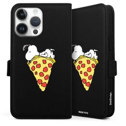 DeinDesign iPhone 14 Pro Max Handy Klapph&uuml;lle Handyh&uuml;lle aus Kunst Leder schwarz Flip Case Peanuts Pizza Snoopy Sideflip mit Lasche