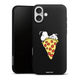 DeinDesign iPhone 16 Plus Handy Premium Silikon H&uuml;lle Handyh&uuml;lle schwarz Case Peanuts Pizza Snoopy Silikon Premium Case