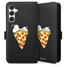 DeinDesign Galaxy A16 4G Handy Klapph&uuml;lle Handyh&uuml;lle aus Kunst Leder schwarz Flip Case Peanuts Pizza Snoopy Sideflip mit Lasche