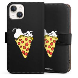 DeinDesign iPhone 14 Handy Klapph&uuml;lle Handyh&uuml;lle aus Kunst Leder schwarz Flip Case Peanuts Pizza Snoopy Sideflip mit Lasche