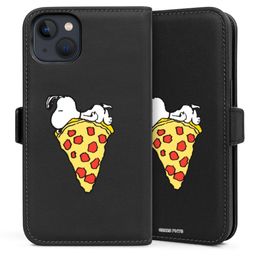 DeinDesign iPhone 13 Handy Klapph&uuml;lle Handyh&uuml;lle aus Kunst Leder schwarz Flip Case Peanuts Pizza Snoopy Sideflip mit Lasche