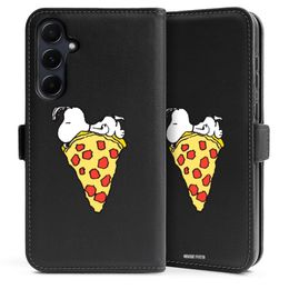 DeinDesign Galaxy A35 5G Handy Klapph&uuml;lle Handyh&uuml;lle aus Kunst Leder schwarz Flip Case Peanuts Pizza Snoopy Sideflip mit Lasche