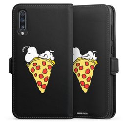 DeinDesign Galaxy A70 Handy Klapph&uuml;lle Handyh&uuml;lle aus Kunst Leder schwarz Flip Case Peanuts Pizza Snoopy Sideflip mit Lasche