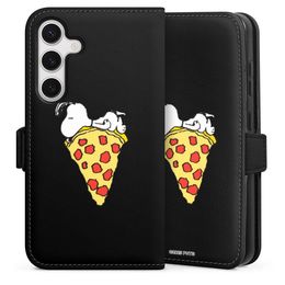 DeinDesign Galaxy S24 Handy Klapph&uuml;lle Handyh&uuml;lle aus Kunst Leder schwarz Flip Case Peanuts Pizza Snoopy Sideflip mit Lasche