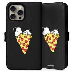 DeinDesign iPhone 16 Pro Handy Klapph&uuml;lle Handyh&uuml;lle aus Kunst Leder schwarz Flip Case Peanuts Pizza Snoopy Sideflip mit Lasche