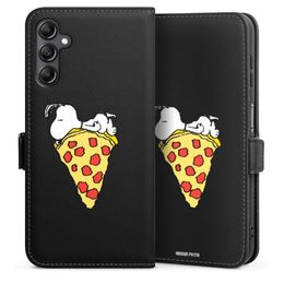 DeinDesign Galaxy A14 4G Handy Klapph&uuml;lle Handyh&uuml;lle aus Kunst Leder schwarz Flip Case Peanuts Pizza Snoopy Sideflip mit Lasche