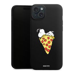 DeinDesign iPhone 15 Plus Handy Premium Silikon H&uuml;lle Handyh&uuml;lle schwarz Case Peanuts Pizza Snoopy Silikon Premium Case