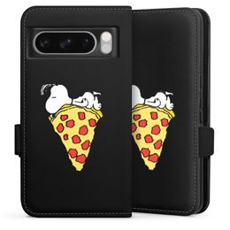 DeinDesign Google Pixel 8 Pro Handy Klapph&uuml;lle Handyh&uuml;lle aus Kunst Leder schwarz Flip Case Peanuts Pizza Snoopy Sideflip mit Lasche