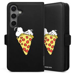DeinDesign Galaxy S25 Handy Klapph&uuml;lle Handyh&uuml;lle aus Kunst Leder schwarz Flip Case Peanuts Pizza Snoopy Sideflip mit Lasche