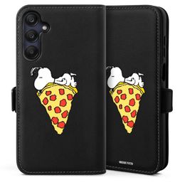 DeinDesign Galaxy A25 5G Handy Klapph&uuml;lle Handyh&uuml;lle aus Kunst Leder schwarz Flip Case Peanuts Pizza Snoopy Sideflip mit Lasche
