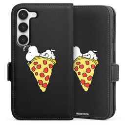 DeinDesign Galaxy S23 Handy Klapph&uuml;lle Handyh&uuml;lle aus Kunst Leder schwarz Flip Case Peanuts Pizza Snoopy Sideflip mit Lasche