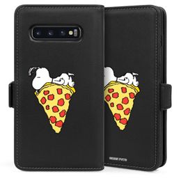 DeinDesign Galaxy S10 Handy Klapph&uuml;lle Handyh&uuml;lle aus Kunst Leder schwarz Flip Case Peanuts Pizza Snoopy Sideflip mit Lasche