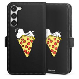 DeinDesign Galaxy S23+ Handy Klapph&uuml;lle Handyh&uuml;lle aus Kunst Leder schwarz Flip Case Peanuts Pizza Snoopy Sideflip mit Lasche