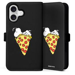 DeinDesign iPhone 16 Handy Klapph&uuml;lle Handyh&uuml;lle aus Kunst Leder schwarz Flip Case Peanuts Pizza Snoopy Sideflip mit Lasche
